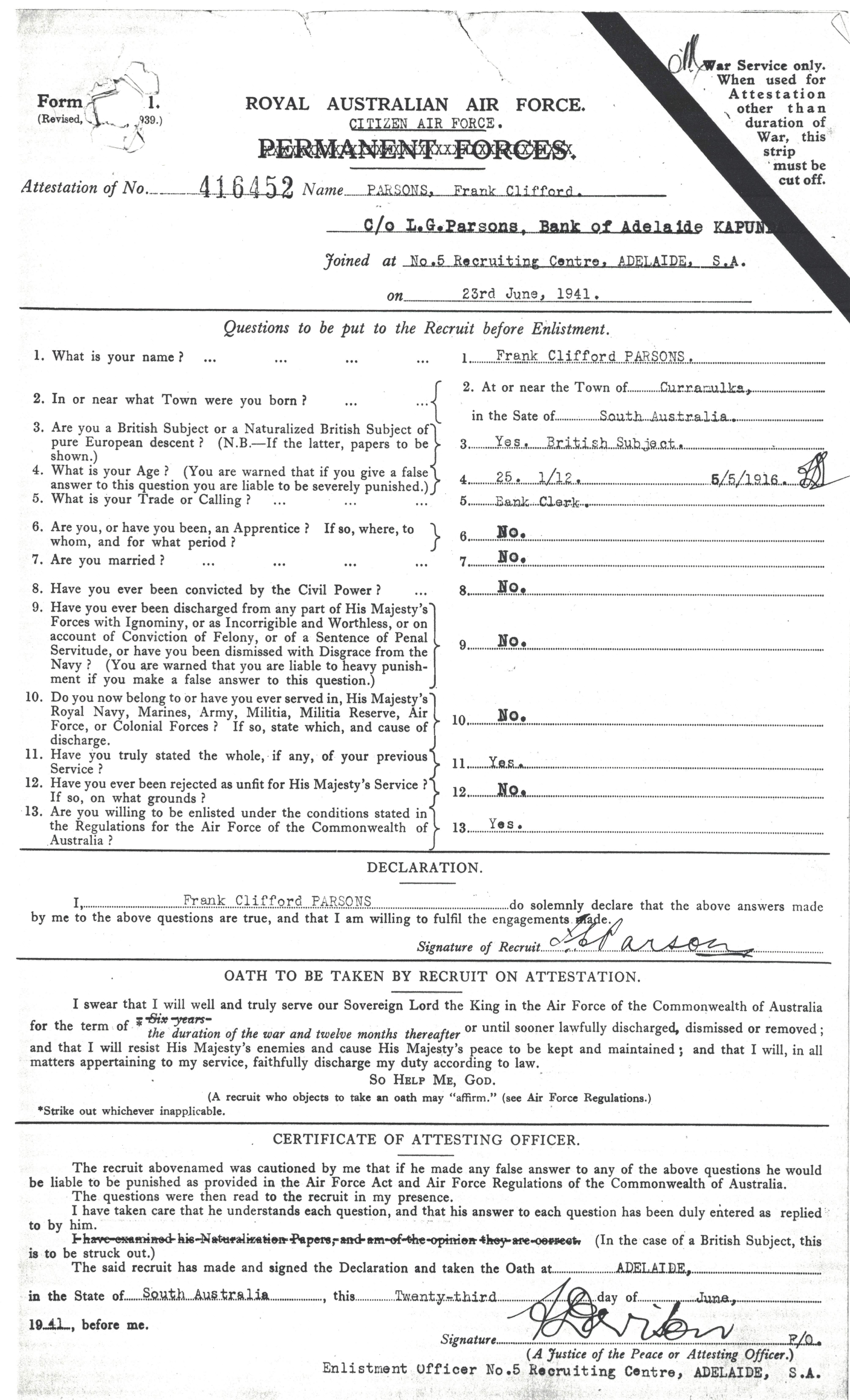 Virtual War Memorial | Frank Clifford PARSONS